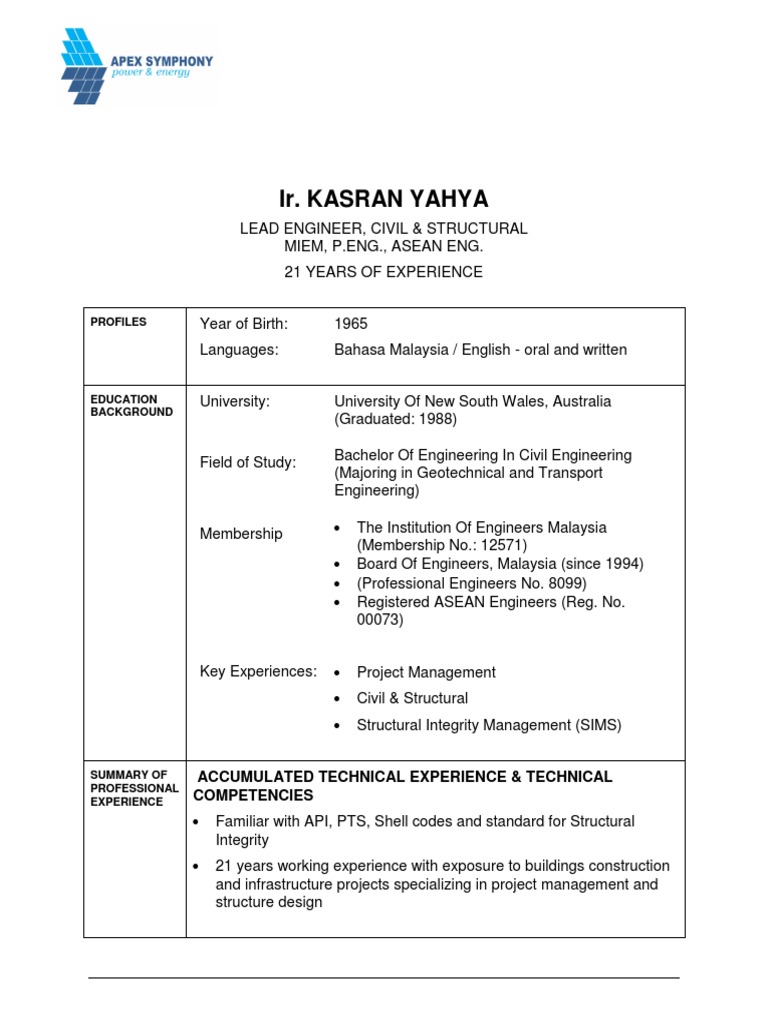 2 Apx CV - Ir HJ Kasran Yahya, Lead Structural Engineer, 21 Years Exp ...