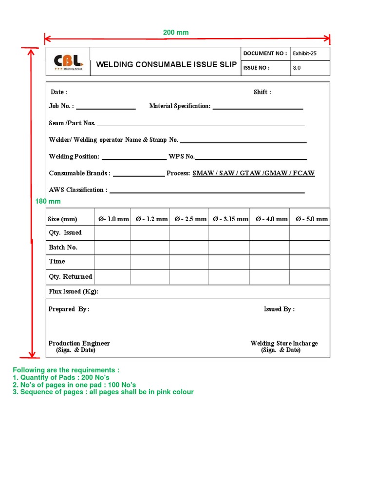 Welding Consumable Issue Slip (Pink Copy) | PDF