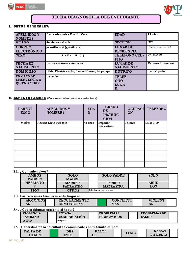 Ficha Diagnostica Del Estudiante (Respondido) | PDF | Sicología | Conceptos psicologicos