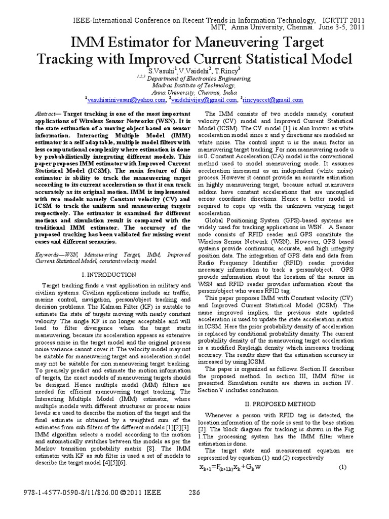 Imm Estimator For Maneuvering Target Pdf Wireless Sensor Network Kalman Filter