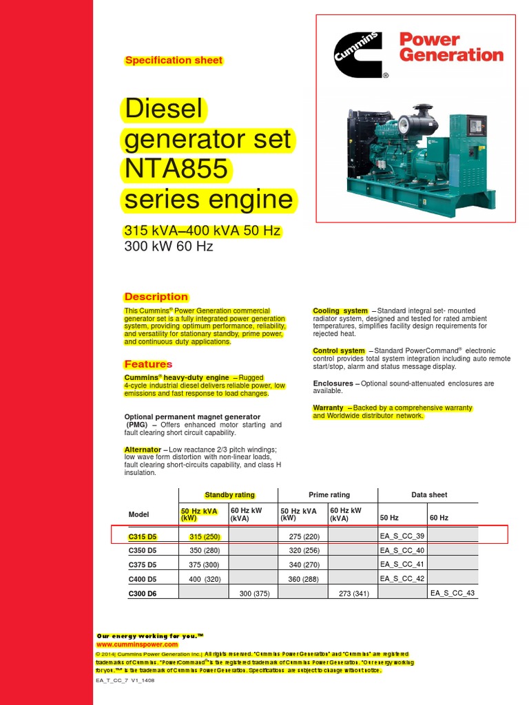 0.1C315 D5 Spec Sheet | PDF | Electric Generator | Relay