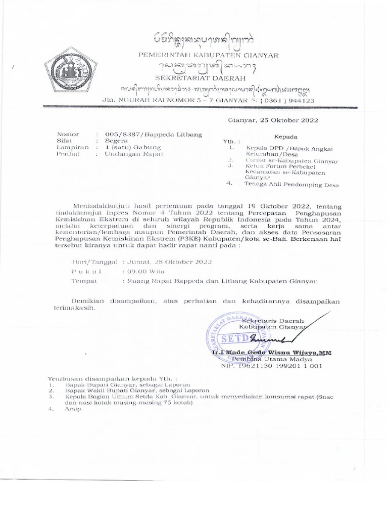 Undangan Rapat Percepatan Penghapusan Kemiskinan Ekstrem | PDF