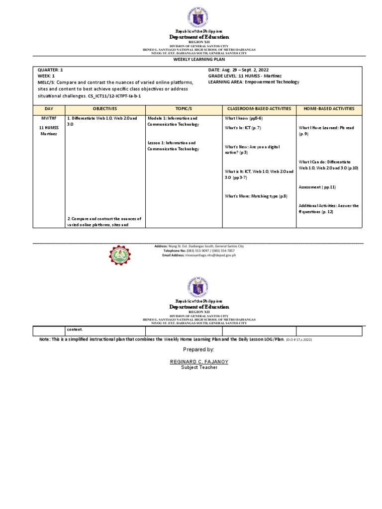 E Tech WLP WK 1.1 | PDF | Educational Technology | Information And Communications Technology