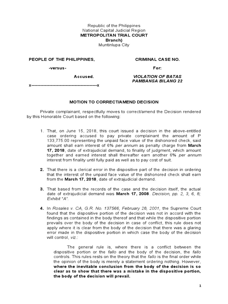 Motion To Correct 1 | PDF | Lawsuit | Judgment (Law)