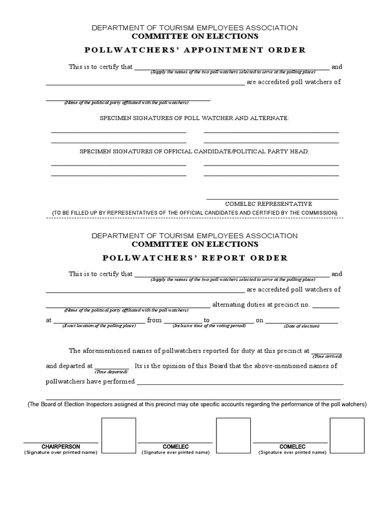 Pollwatchers Appointment Order | PDF | Elections | Political Events