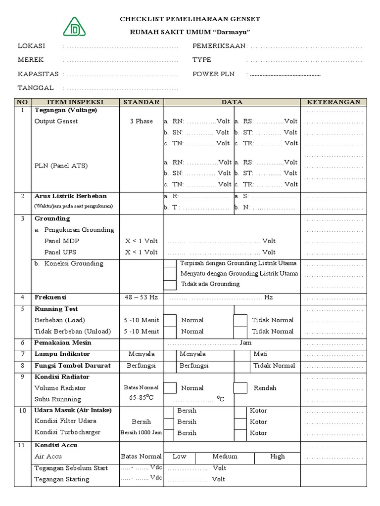 Checklist Genset RS Darmayu | PDF