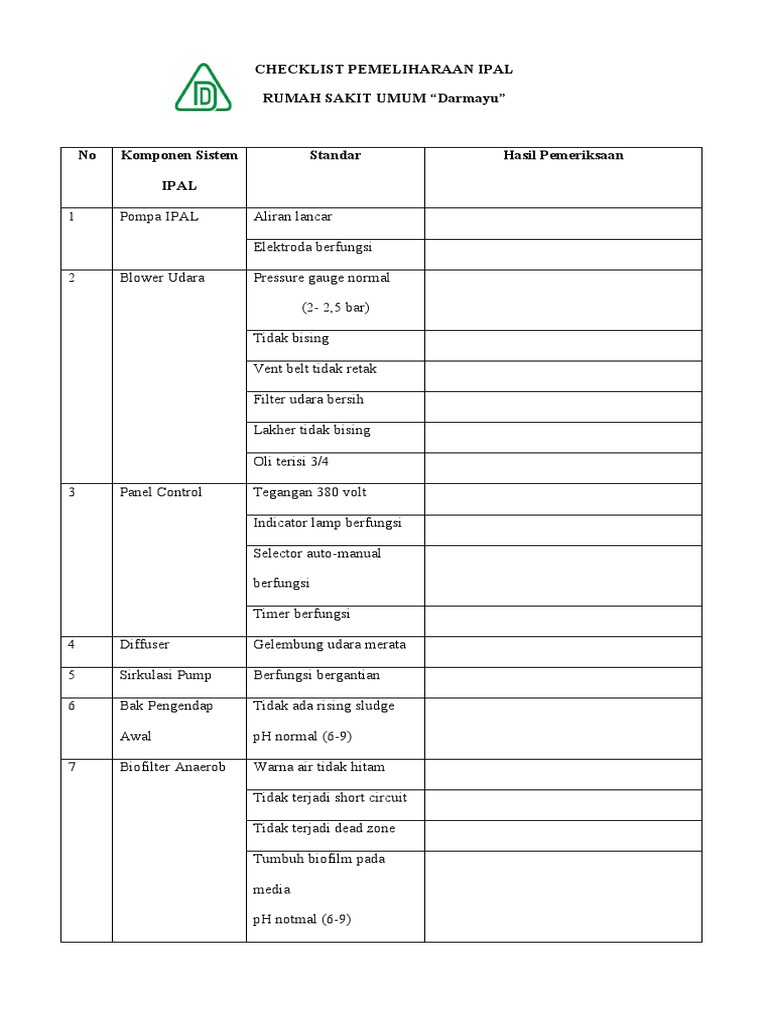 Checklist Pemeliharaan Ipal | PDF