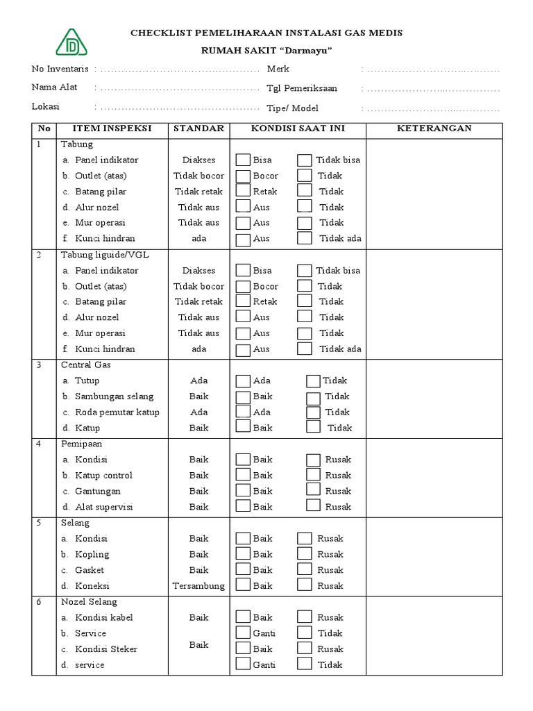 CHECKLIST Pemeliharaan Gas Medis | PDF