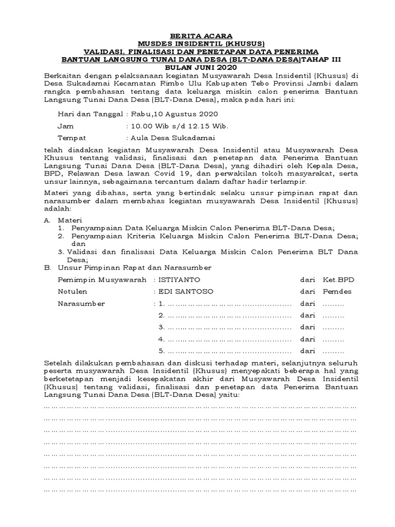 Berita Acara Musdes BLT Dana Desa, Notulen & Daftar Hadir | PDF