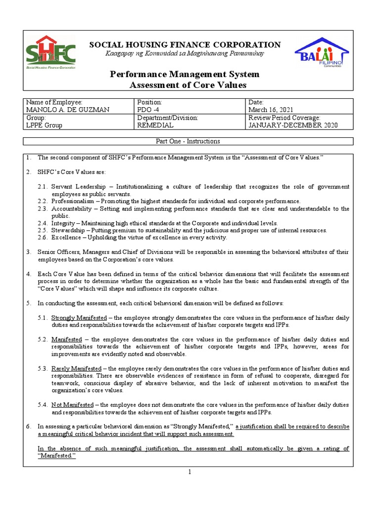 HR F PMS 002 Template PMS Assessment of Core Values 01152018 | PDF ...