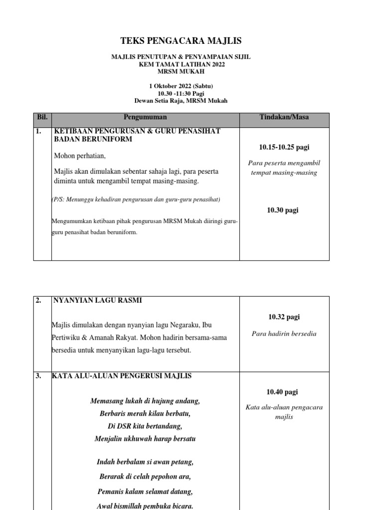 Teks Emcee Majlis Penutupan Kem Tamat Latihan 2022 | PDF