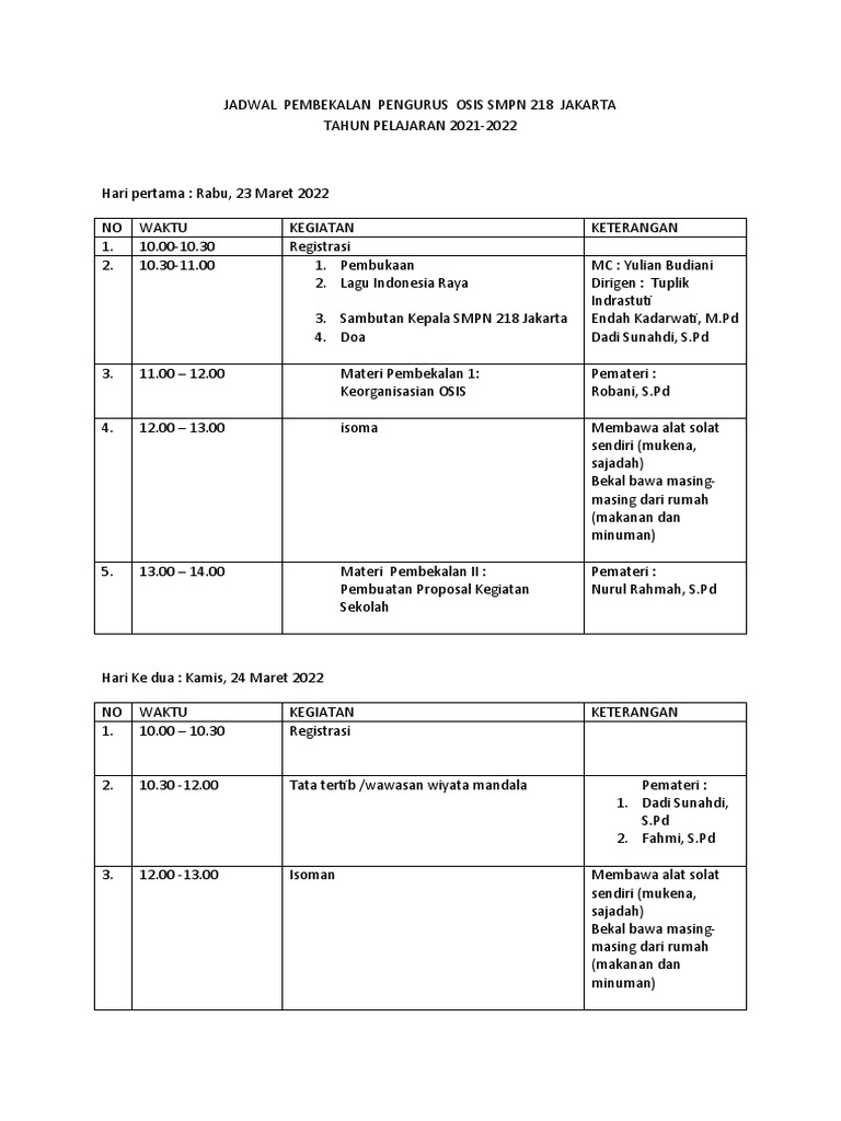 Jadwal Pembekalan Pengurus Osis SMP | PDF