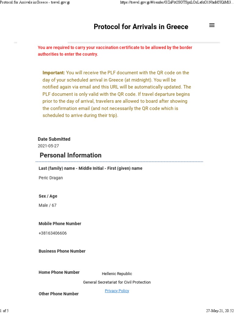 Greece Arrival Protocol and PLF Details | PDF | Qr Code