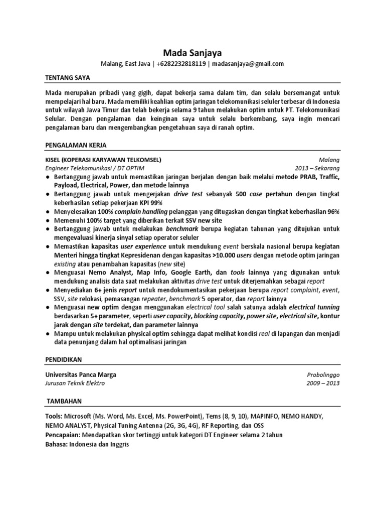 CV - Mada Sanjaya - Engineer Optim | PDF