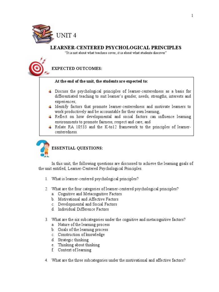 UNIT 4 - Learner-Centered Psychological Principles | PDF | Learning | Motivational
