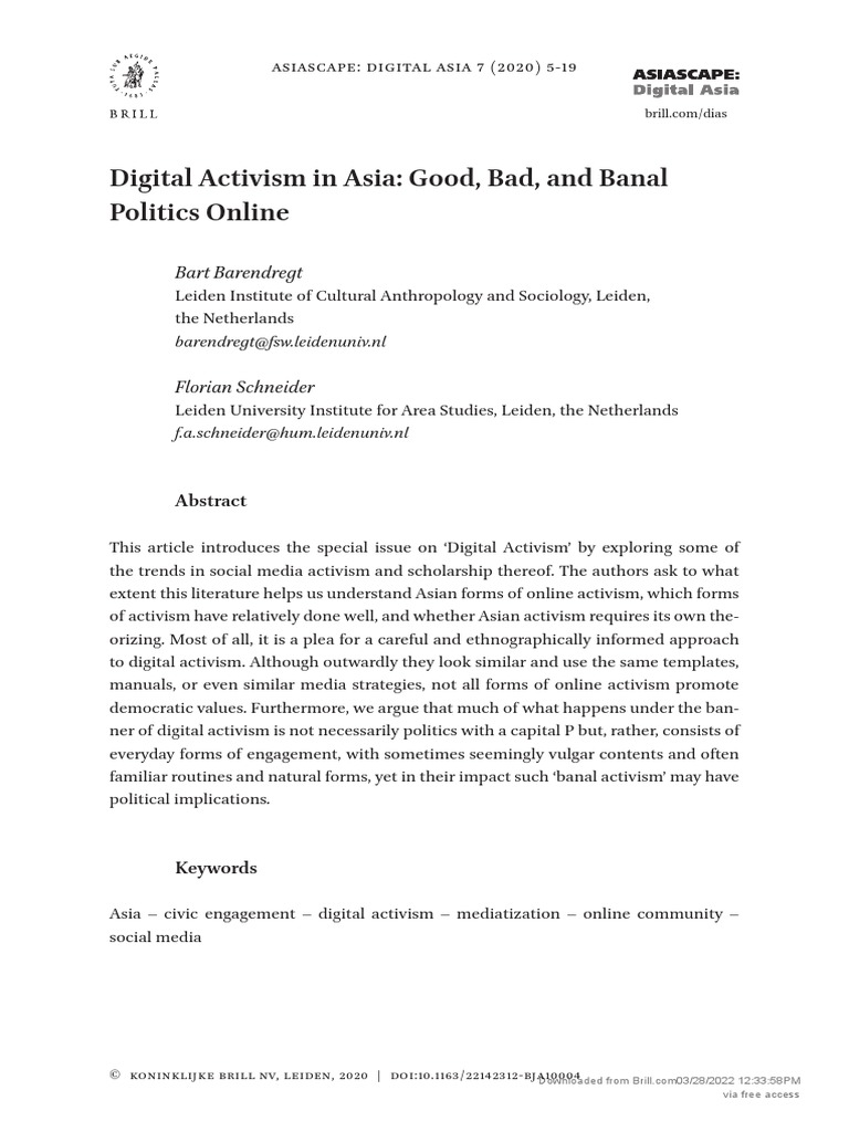 (22142312 - Asiascape - Digital Asia) Digital Activism in Asia - Good, Bad, and Banal Politics ...