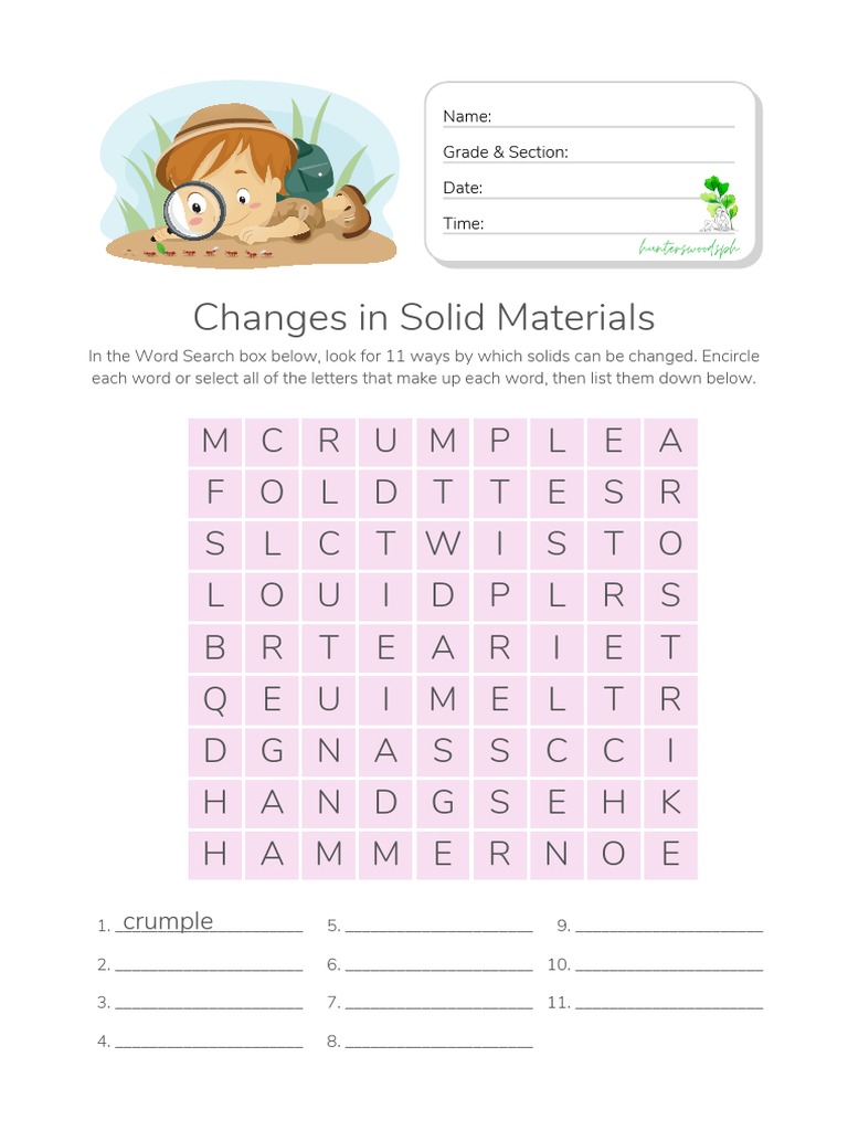 Changes in Solid Materials Word Search | PDF