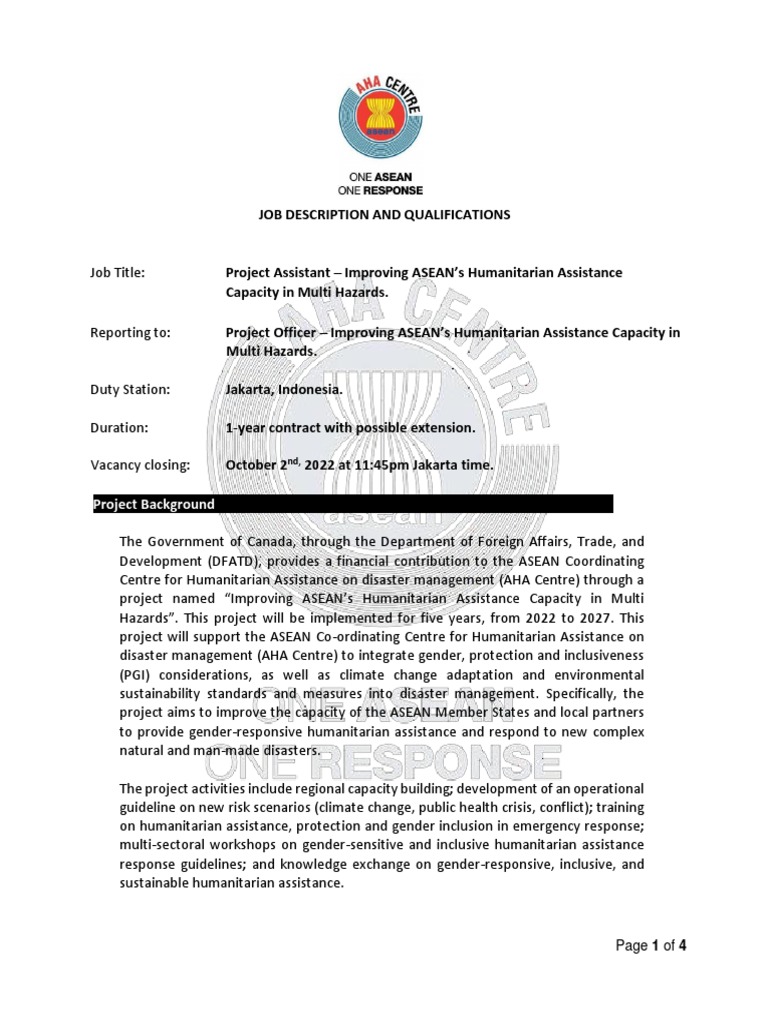 Project Assistant Job in ASEAN Humanitarian | PDF | Humanitarian Aid | Emergency Management