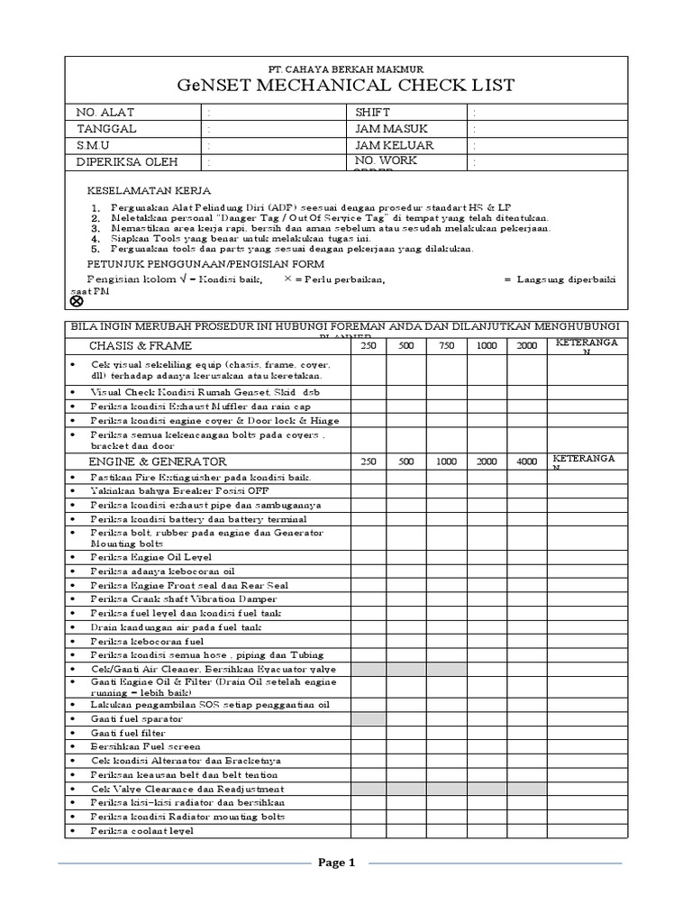 Checklist Perawatan Genset Berkala | PDF