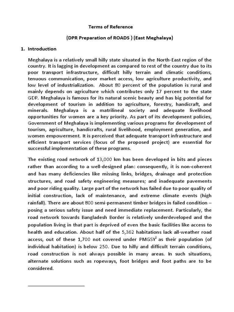 TOR DPR ROADS East Meghalaya | PDF | Road | Transport