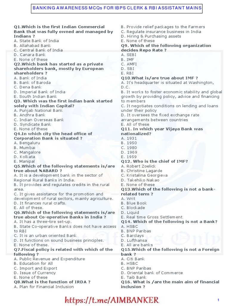 Banking Awearnese MCQ | PDF | Reserve Bank Of India | Banks