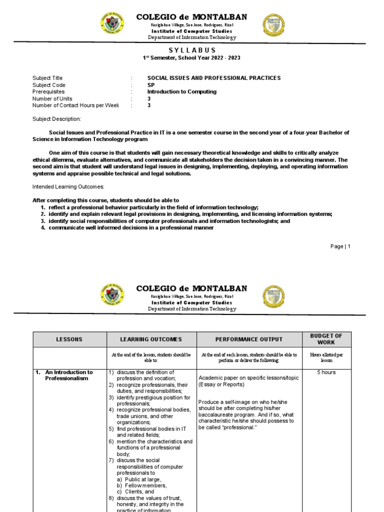 Social Issues and Professional Practice in It Syllabus (S.y. 2022-2023 ...