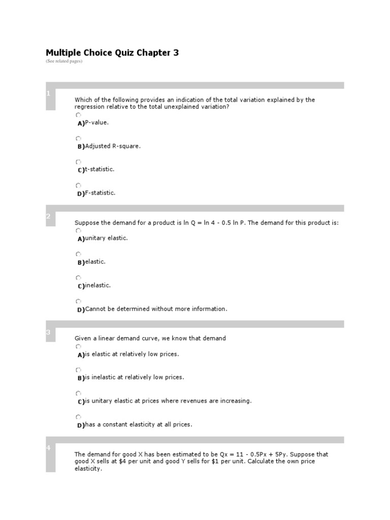 Demand Elasticity Multiple Choice Quiz | PDF | Elasticity (Economics ...