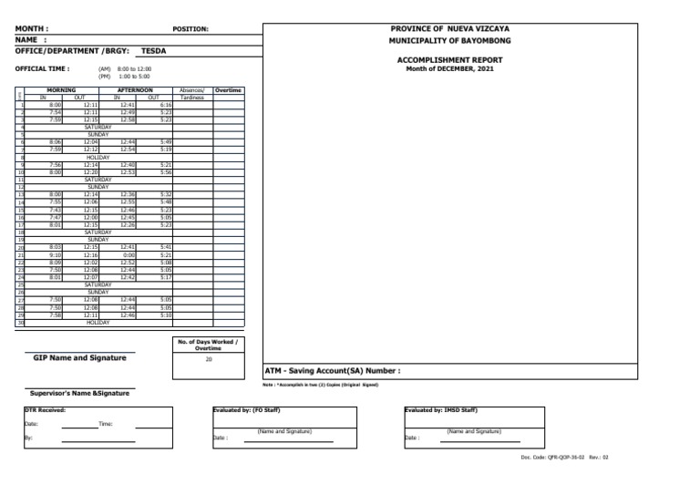 Monthly Attendance and Accomplishment Report for TESDA Bayombong from ...