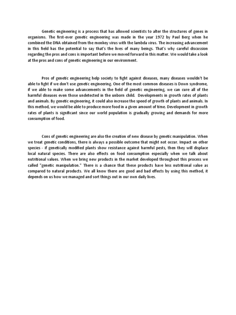 Essay - Pros and Cons of Genetic Engineering | PDF