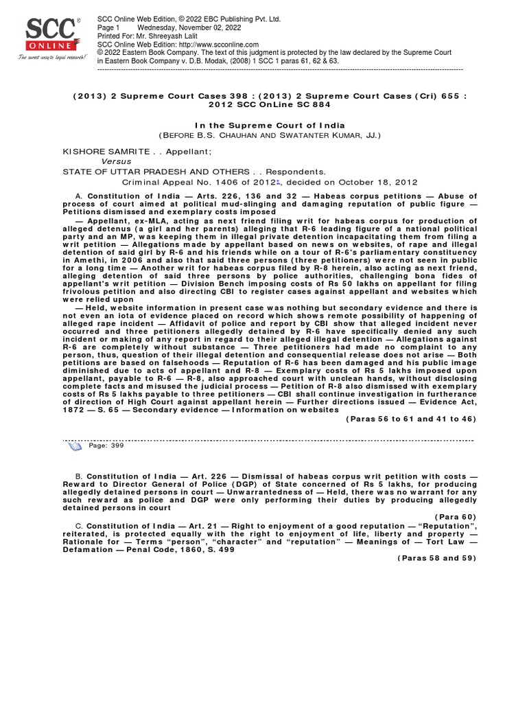 Kishore Samrite v. State of U.P., (2013) 2 SCC 398 | PDF | Habeas ...