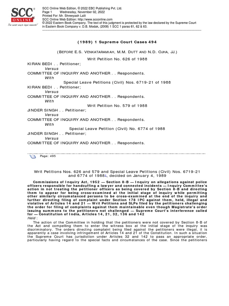 Kiran Bedi v. Committee of Inquiry, (1989) 1 SCC 494 | PDF | Complaint | Affidavit