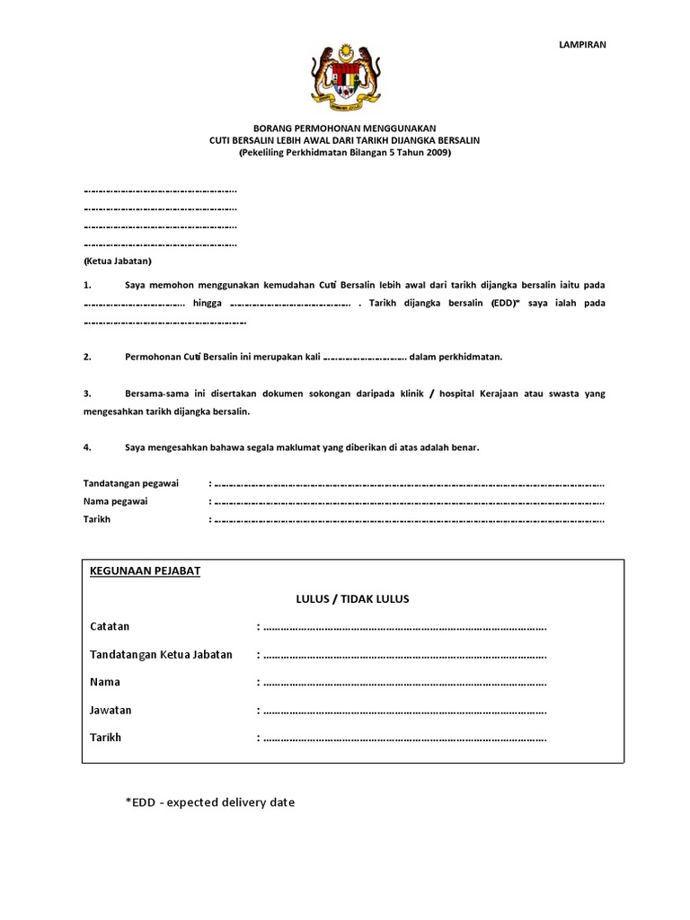 Borang Permohonan Cuti Bersalin Awal | PDF