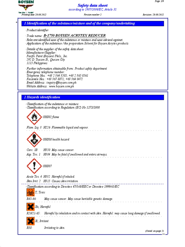 b1750 Boysen Acrytex Reducer - Ver2 | PDF | Dangerous Goods | Personal ...