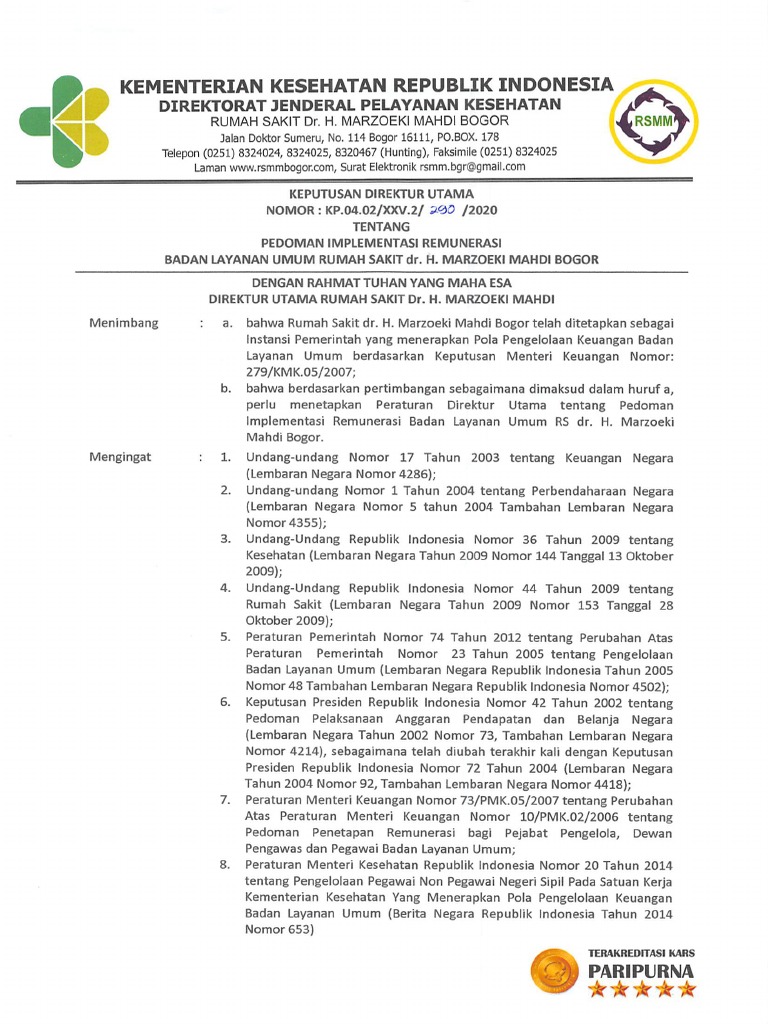 SK Pedoman Remunerasi 2020 Final | PDF