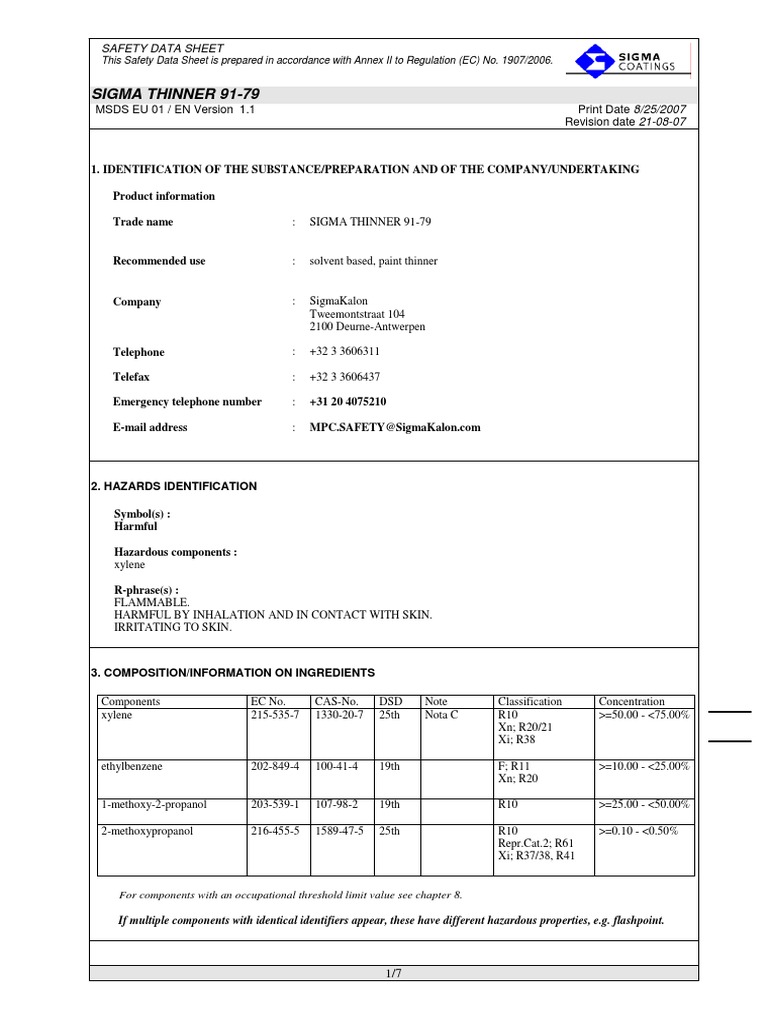 MSD Sigma Thinner 91-79 (Eng) | PDF | Personal Protective Equipment ...