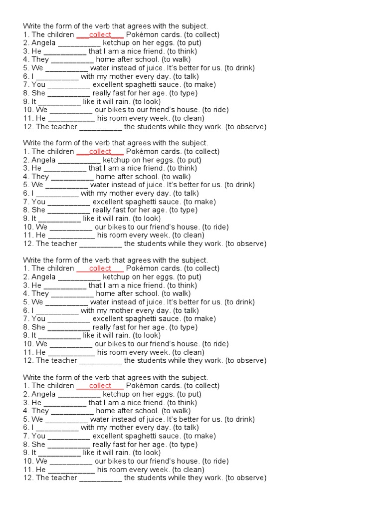 Write The Form Of The Verb That Agrees With The Subject PDF Foods