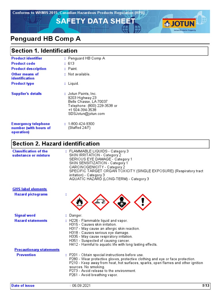 SDS Penguard HB Comp A | PDF | Occupational Safety And Health | Chemistry