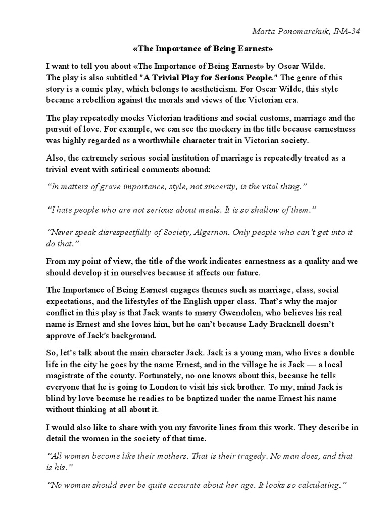 Analysis of "The Importance of Being Earnest" | PDF | The Importance Of ...
