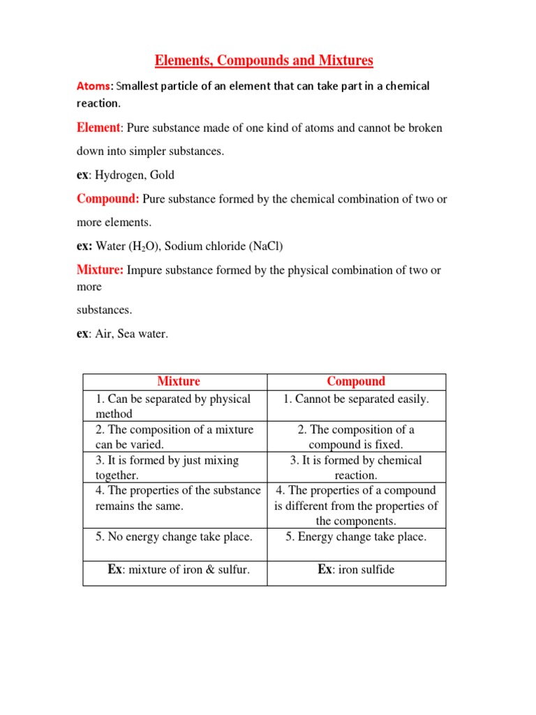 The Fundamental Differences Between Elements, Compounds, and Mixtures | PDF