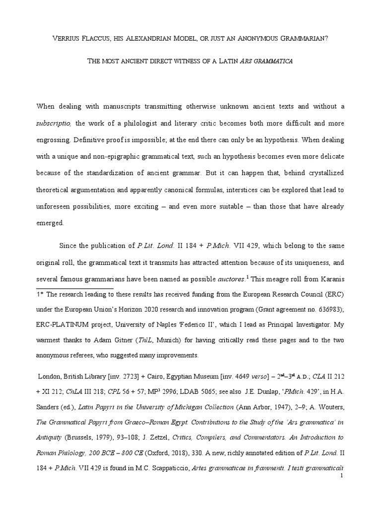 Verrius Flaccus, His Alexandrian Model | PDF | Grammar | Part Of Speech