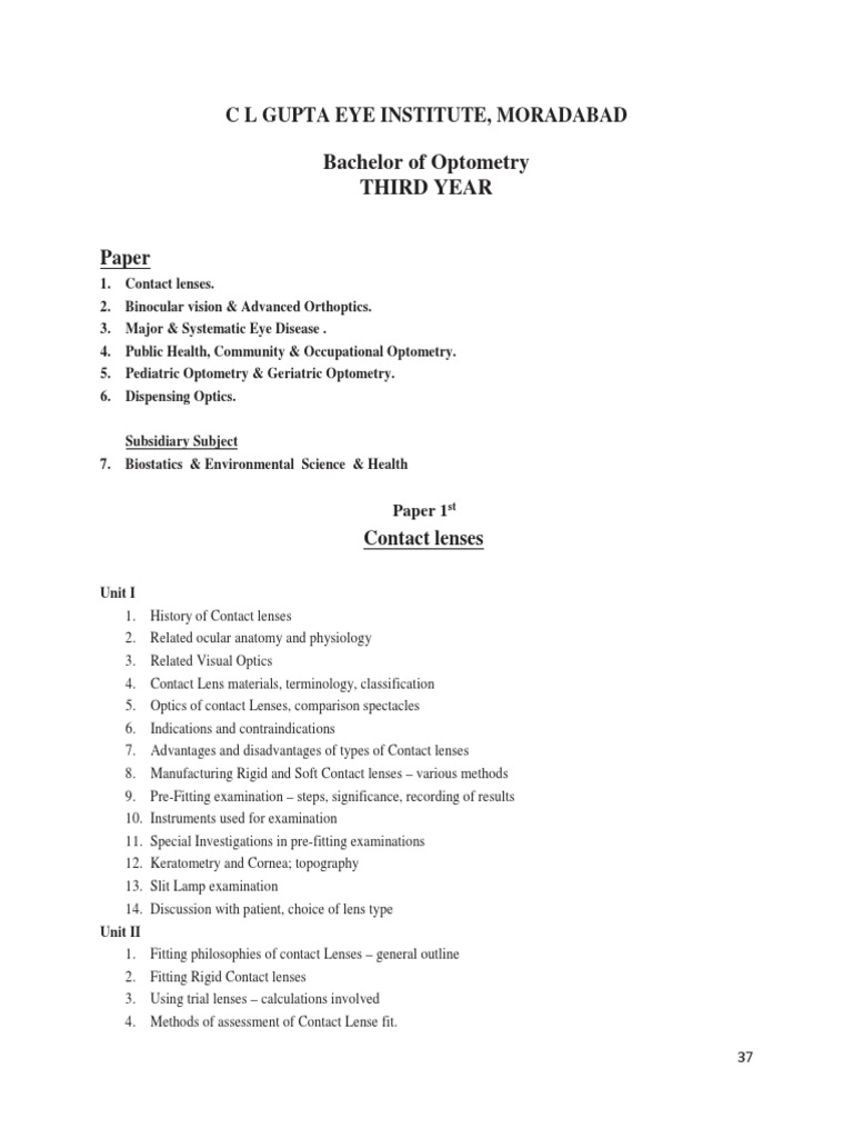 B.optometry 3rd Year Syllabus | PDF | Contact Lens | Human Eye