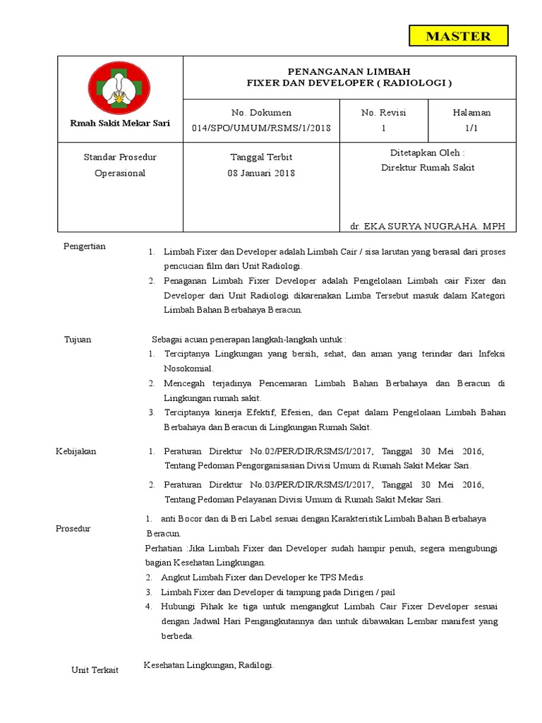 014 SPO Penanganan Limbah FIXER DAN DEVELOPER (RADIOLOGI) (Ucum) | PDF