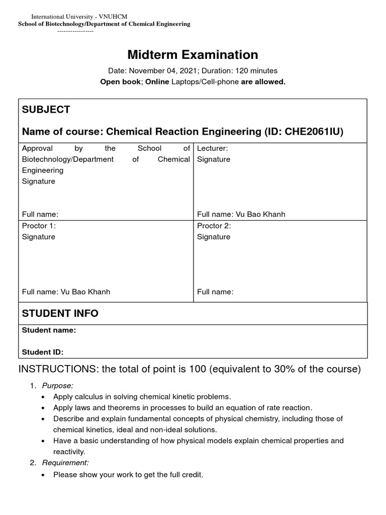 Midterm Examination for Chemical Reaction Engineering Course Covering Fundamental Concepts of ...
