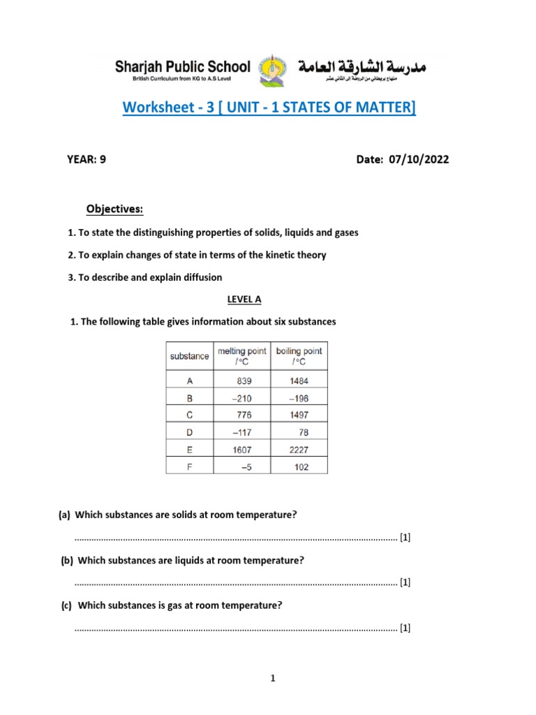 Worksheet - 3 (STATES OF MATTER) | PDF