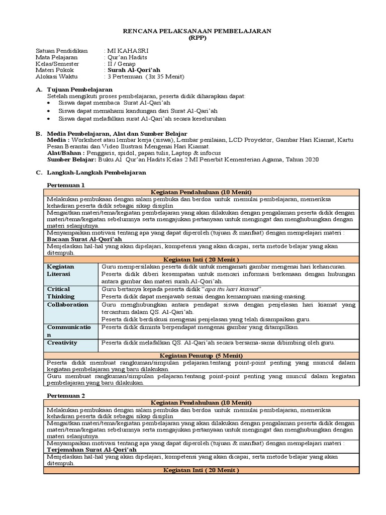 RPP HOTS Mempelajari Surah Al-Qori'ah | PDF | Karier & Perkembangan | Seni