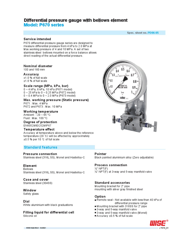 Model: P670 Series: Differential Pressure Gauge With Bellows Element ...