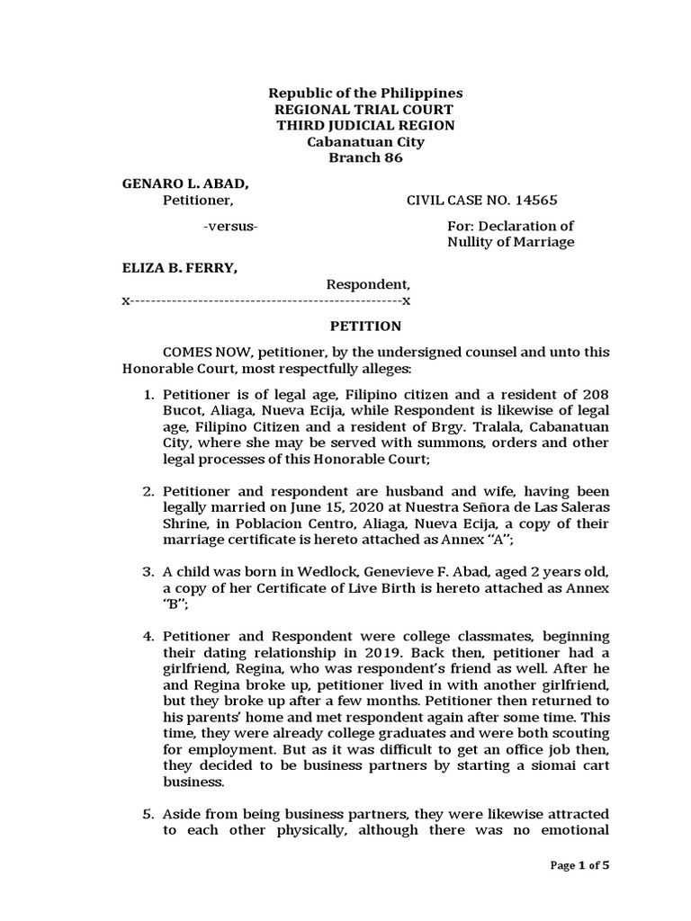 Petition for Nullity of Marriage in Philippines | PDF | Marriage ...