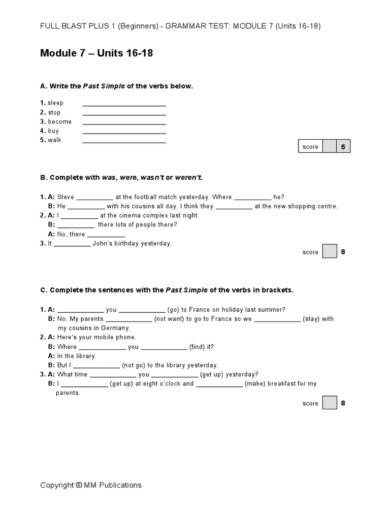 Full Blast PLUS 1 (Beginners) - Grammar Test - Mod 7 | PDF | Language ...