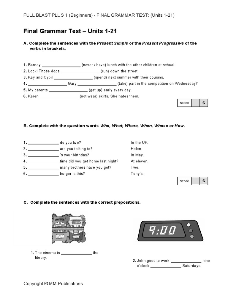 Full Blast PLUS 1 (Beginners) - Final Grammar Test | PDF | Grammar ...