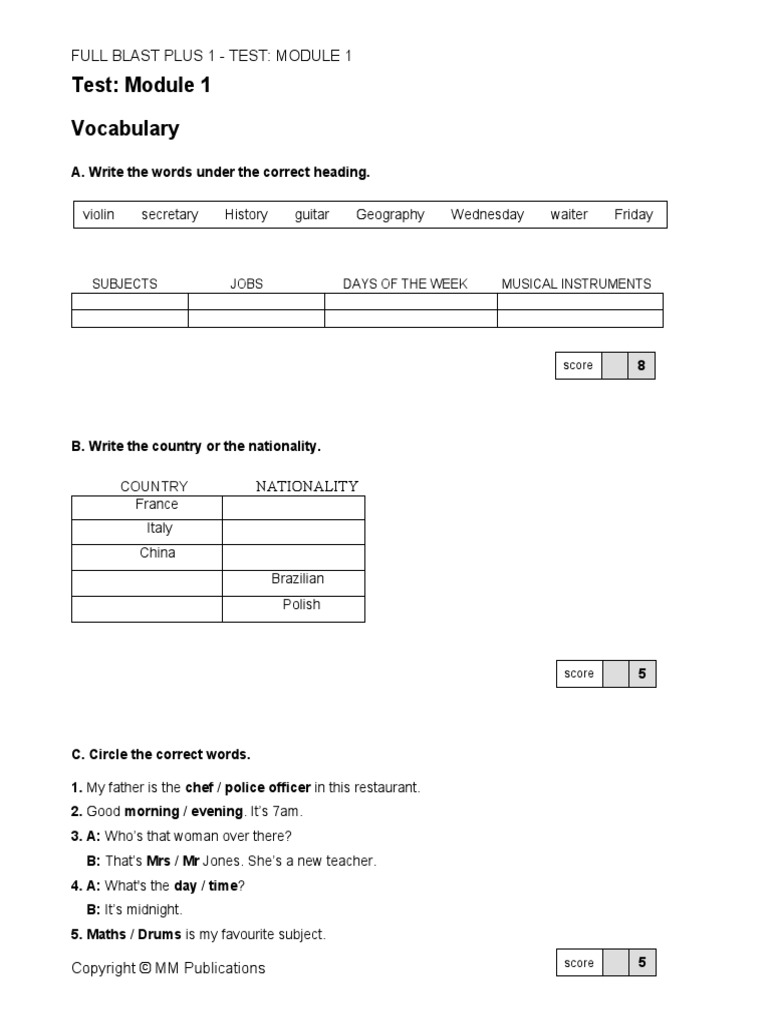 Full Blast PLUS 1 - Test 1 | PDF | Language Arts & Discipline